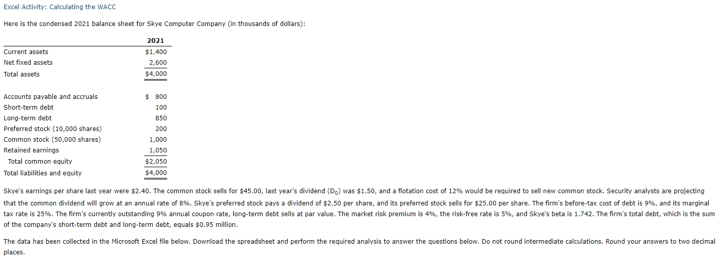 Solved Excel Activity: Calculating the WACC Here is the | Chegg.com