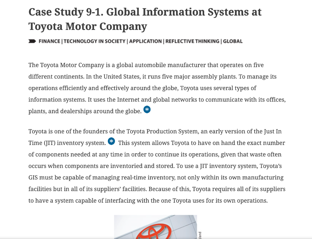Solved Case Study 9-1. Global Information Systems at Toyota | Chegg.com