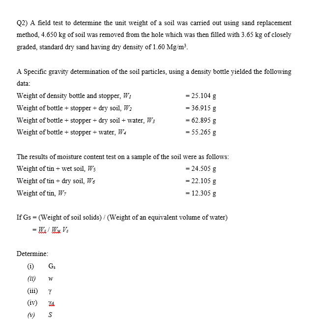 Solved Q2) A field test to determine the unit weight of a | Chegg.com