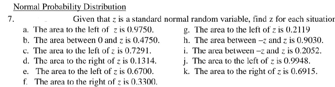 Solved Normal Probability Distribution 7. Given that z is a | Chegg.com