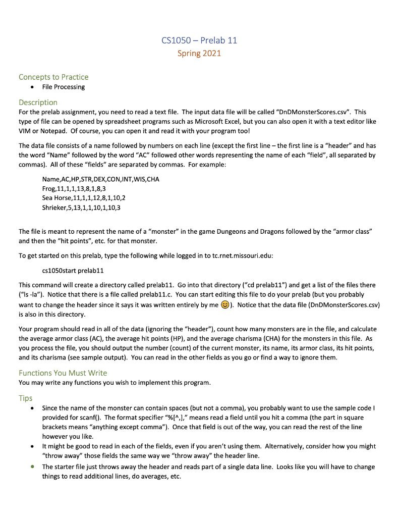 CS1050 - Prelab 11 Spring 2021 Concepts to Practice | Chegg.com