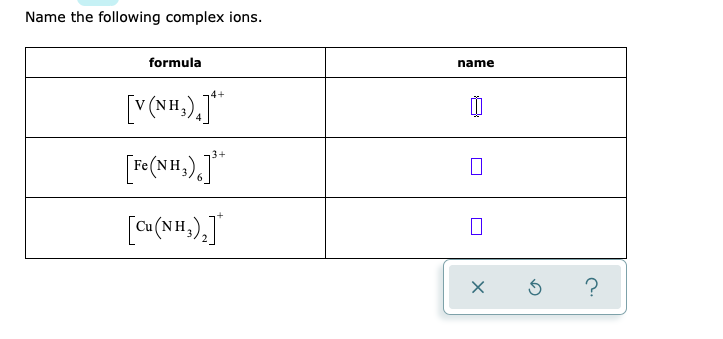 Solved Name the following complex ions. formula name | Chegg.com