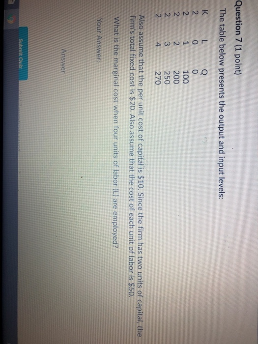 Solved Question 7 (1 point) The table below presents the | Chegg.com