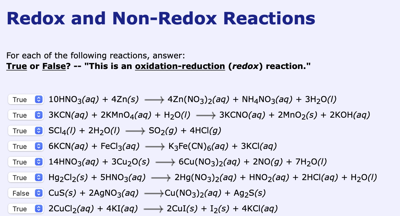 Solved For each of the following reactions, answer: True or | Chegg.com