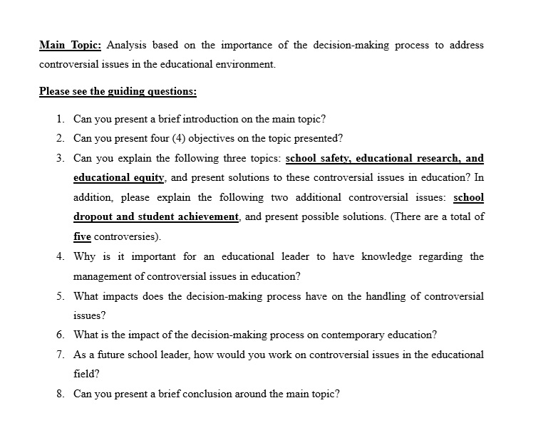 Solved Main Topic: Analysis based on the importance of the | Chegg.com