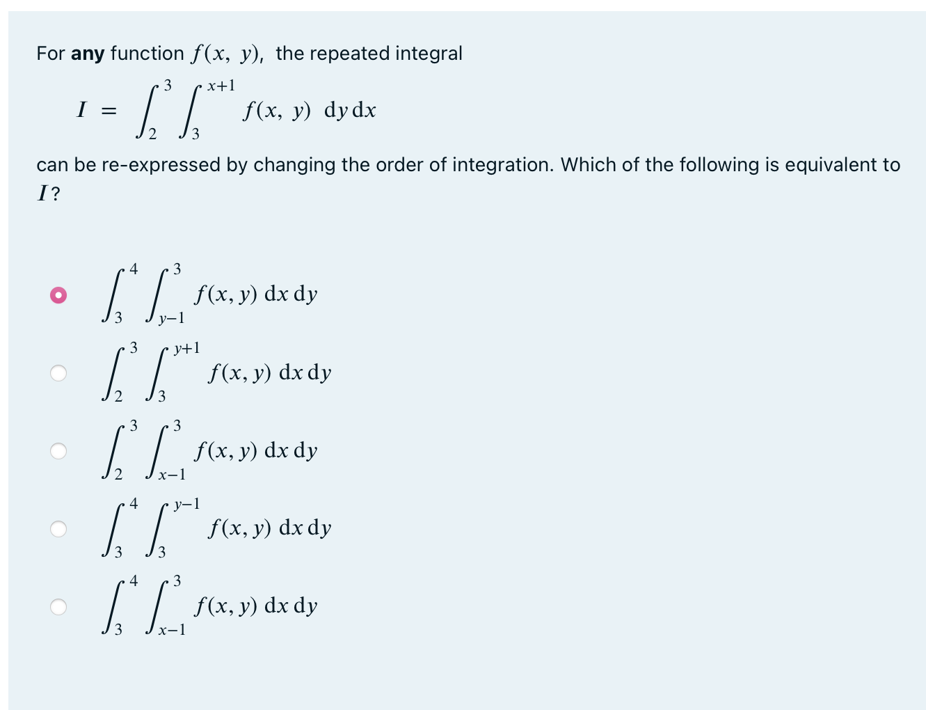Solved For any function f(x,y), the repeated integral | Chegg.com