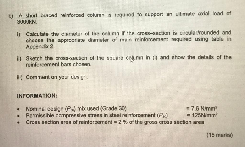 Solved b) A short braced reinforced column is required to | Chegg.com