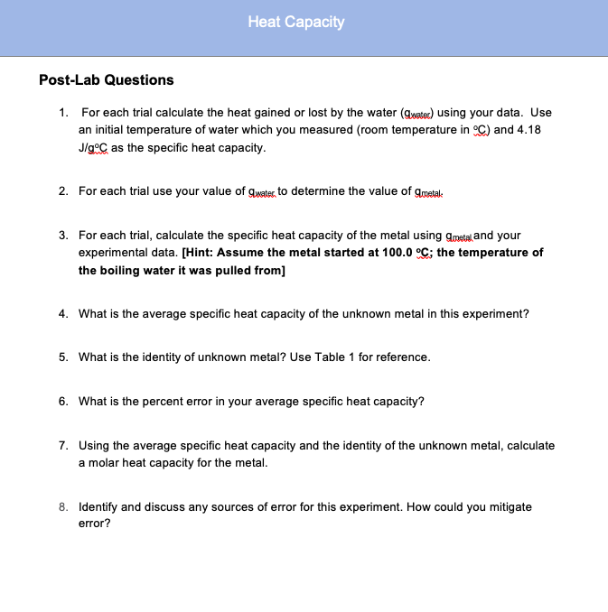 Solved Heat Capacity Post-Lab Questions 1. For each trial | Chegg.com