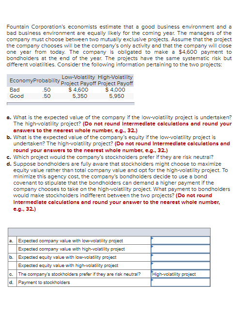 Solved Fountain Corporation's economists estimate that a | Chegg.com