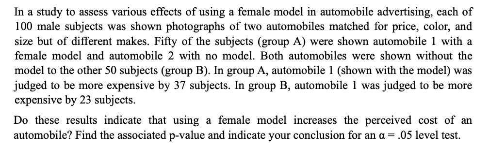 Solved In a study to assess various effects of using a | Chegg.com
