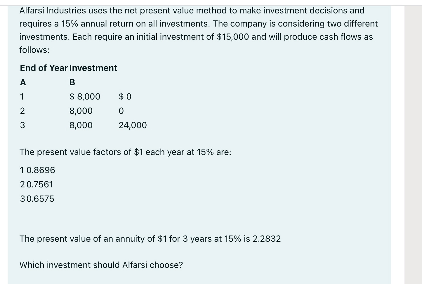 Solved Alfarsi Industries uses the net present value method | Chegg.com