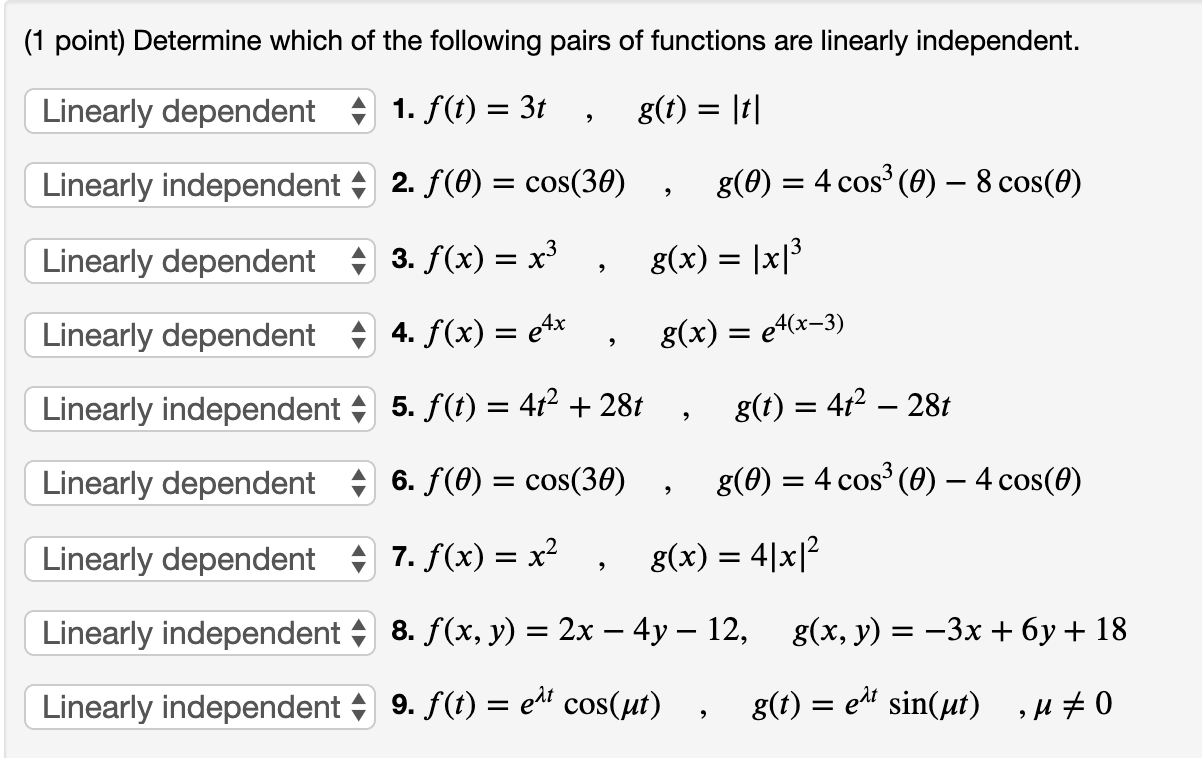 Solved (1 point) Determine which of the following pairs of | Chegg.com