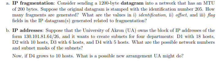Solved a. IP fragmentation: Consider sending a 1200-byte | Chegg.com