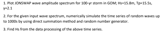 Solved 1. Plot JONSWAP wave amplitude spectrum for 100-yr | Chegg.com