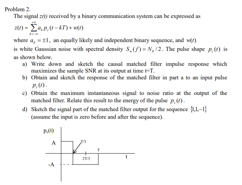 Problem 2. The signal z(t) received by a binary | Chegg.com