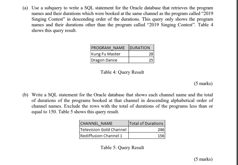 (a) Use a subquery to write a SQL statement for the | Chegg.com