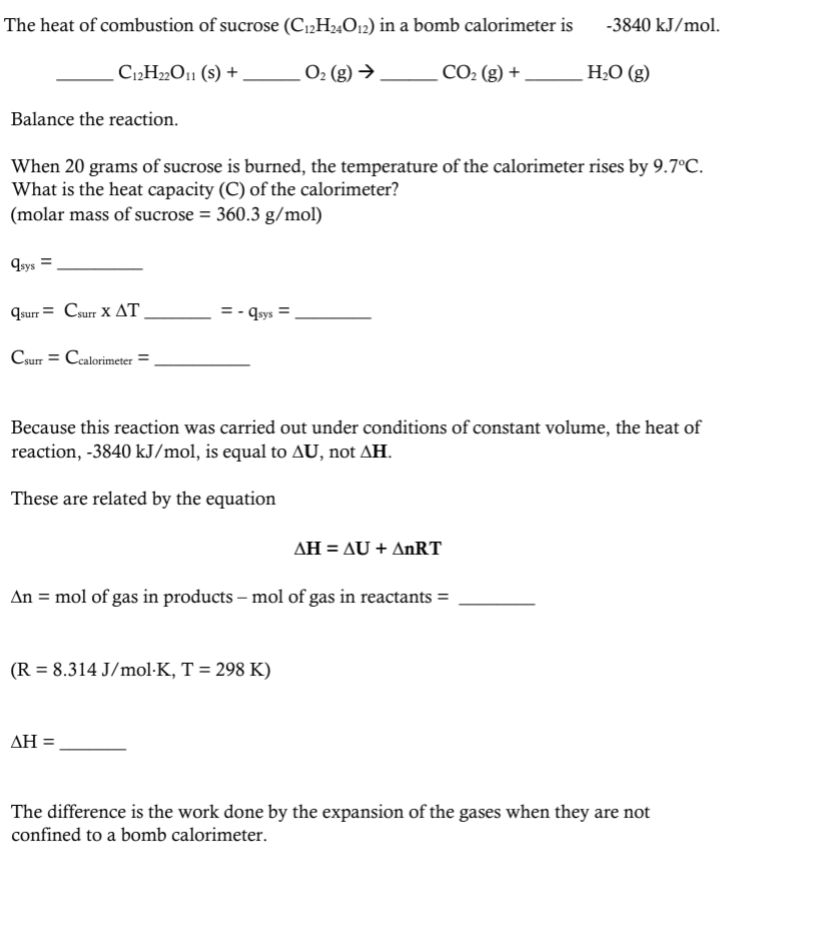 Solved The heat of combustion of sucrose (C12H2_012) in a | Chegg.com