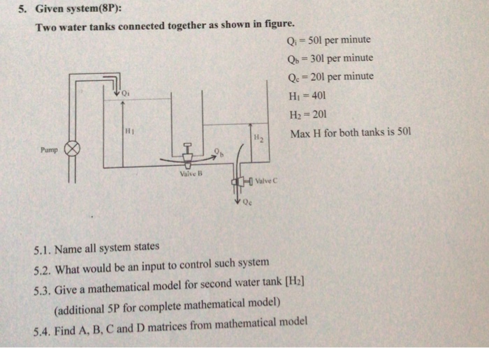 5. Given system(8P): Two water tanks connected | Chegg.com