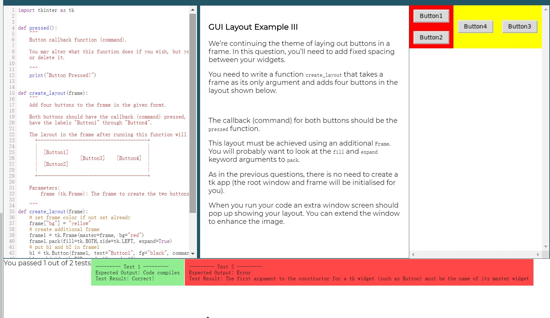 Solved 3 1 import tkinter as tk Button1 Button4 Button3 4 | Chegg.com