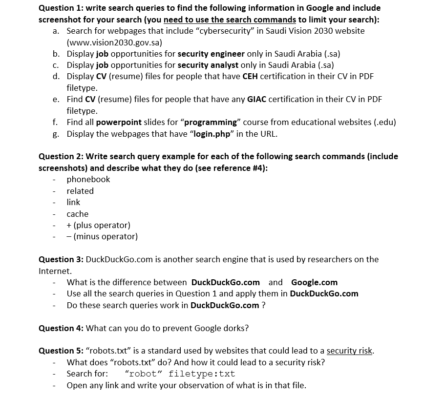 Google search Commands examples 5: 1) filetype: | Chegg.com