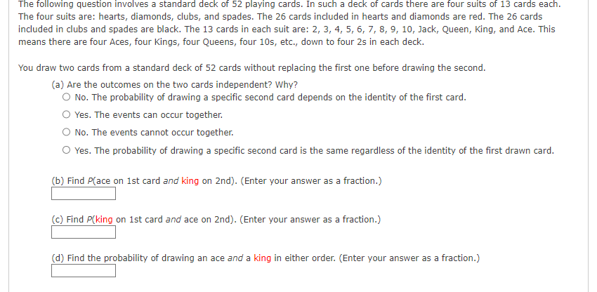 Solved The following question involves a standard deck of 52 | Chegg.com