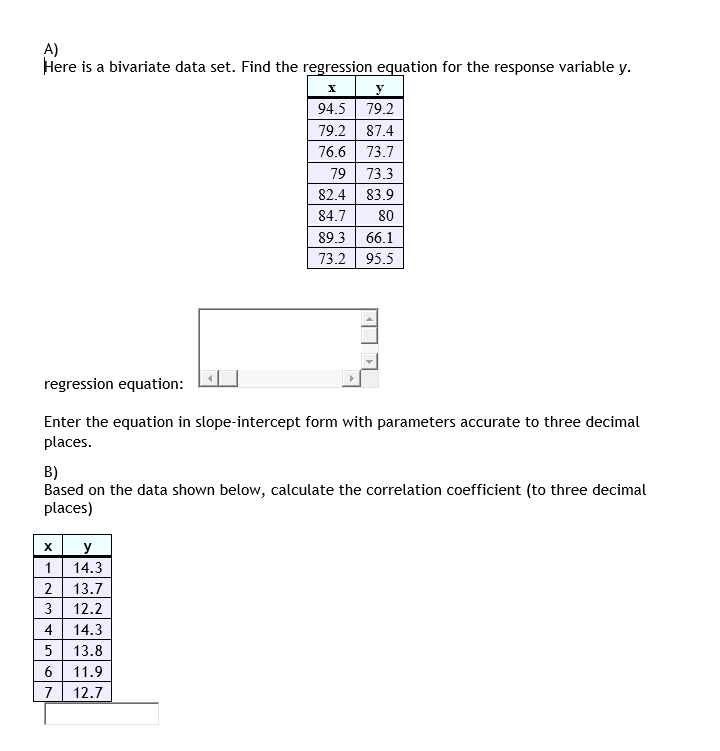 Solved A) Here is a bivariate data set. Find the regression | Chegg.com
