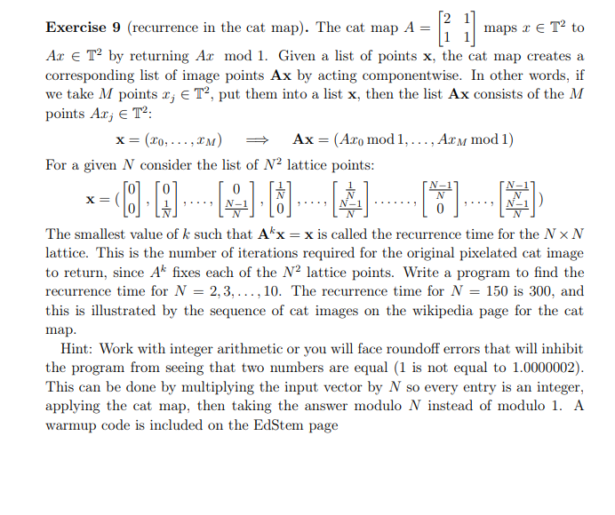 Exercise 9 (recurrence in the cat map). The cat map | Chegg.com