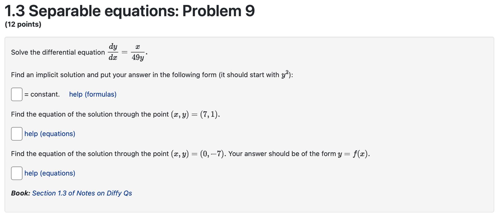 Solved 1 3 separable Equations Problem 9 12 points Solve