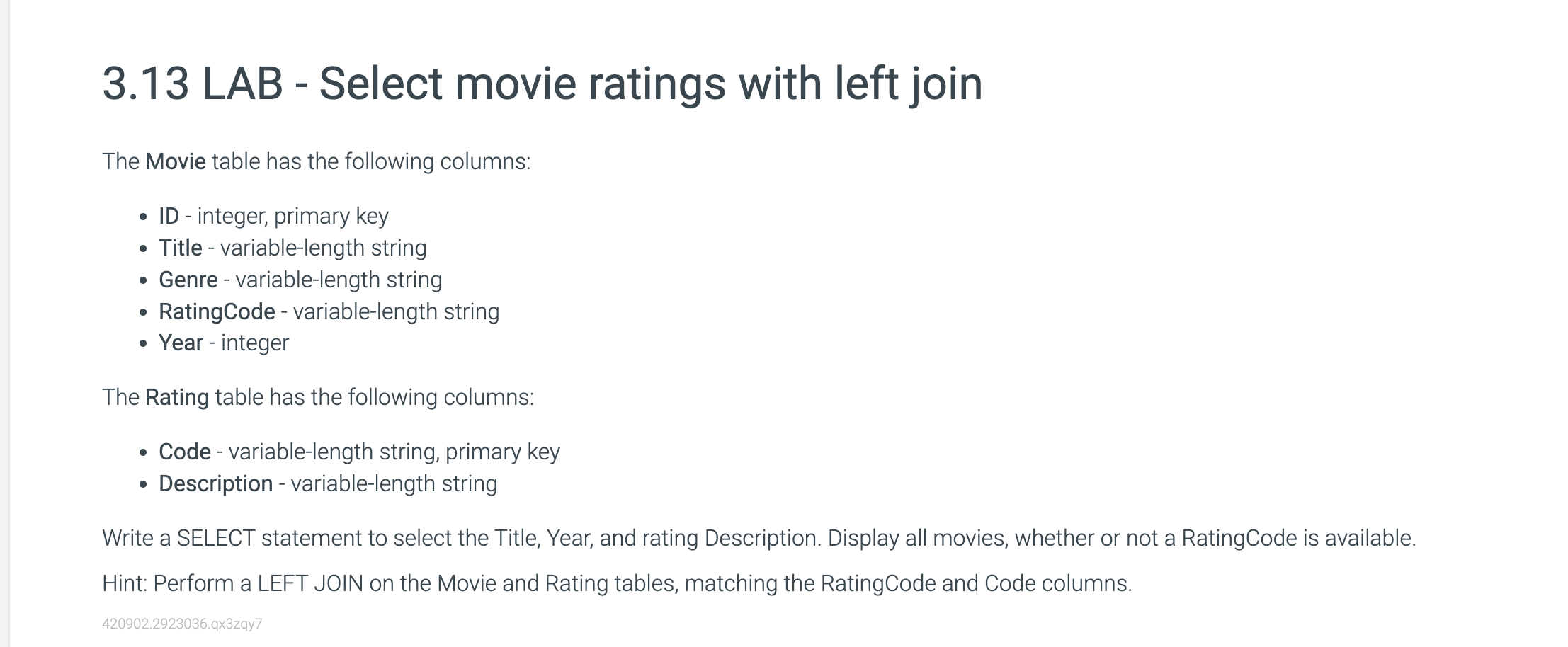 Solved 3.13 LAB - Select movie ratings with left join The | Chegg.com