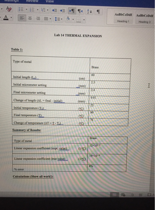 Review Lab 14 THERMAL EXPANSION Table 1: Type of | Chegg.com