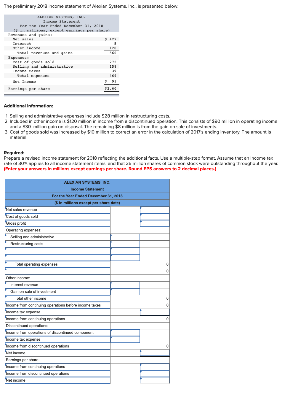 Solved The preliminary 2018 income statement of Alexian | Chegg.com