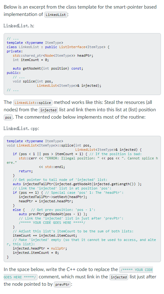Solved Below is an excerpt from the class template for the | Chegg.com