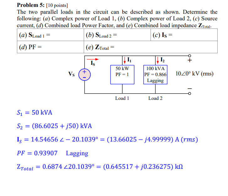 Solved Problem 5: [10 points] The two parallel loads in the | Chegg.com