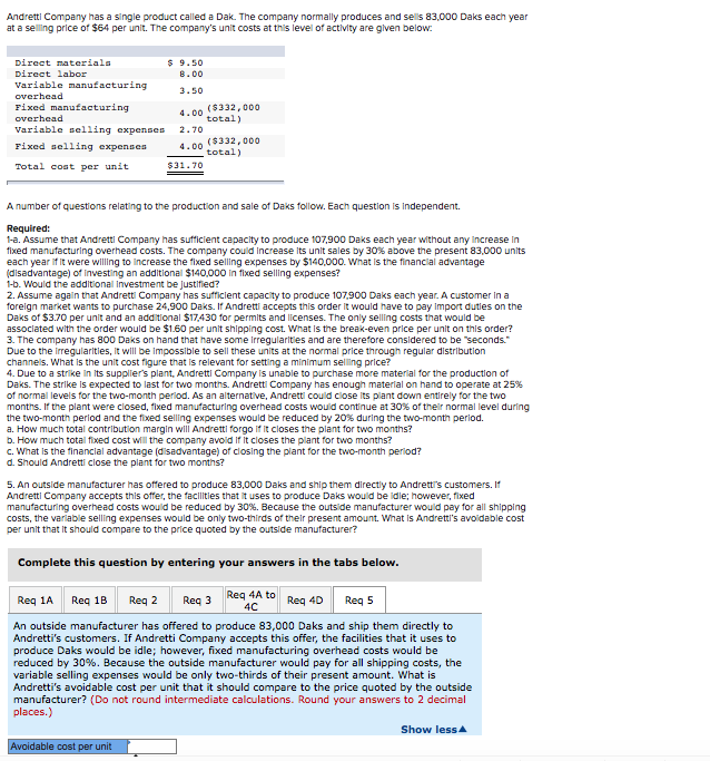 Solved Andretti Company has a single product called a Dak. | Chegg.com