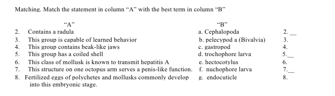 Solved Matching. Match the statement in column “A” with the | Chegg.com