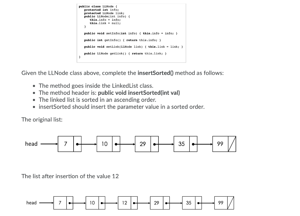 Solved public class LLNode { protected int info; protected | Chegg.com
