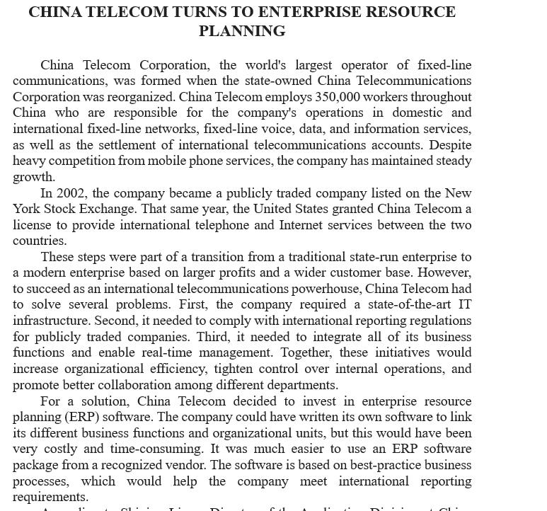 Solved CHINA TELECOM TURNS TO ENTERPRISE RESOURCE PLANNING | Chegg.com