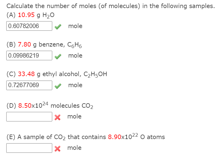 Solved Calculate the number of moles (of molecules) in the | Chegg.com