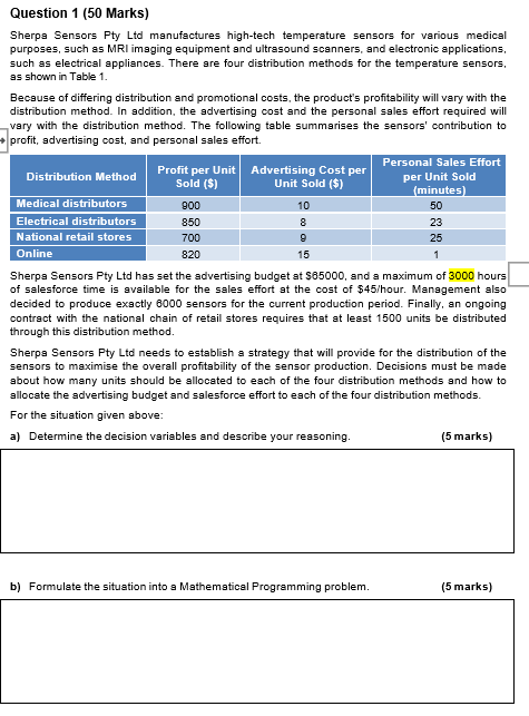 Solved Question 1 (50 Marks) Sherpa Sensors Pty Ltd | Chegg.com