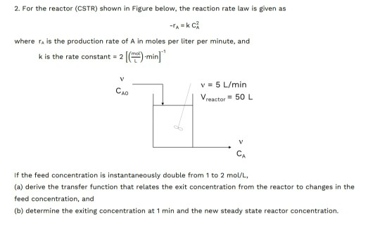 Solved 2. For the reactor (CSTR) shown in Figure below, the | Chegg.com
