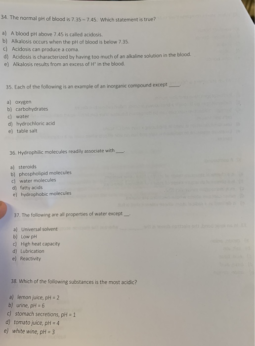 Solved 34. The normal pH of blood is 7.35-7.45. Which | Chegg.com