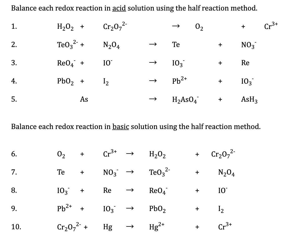 Solved Balance each redox reaction in acid solution using | Chegg.com