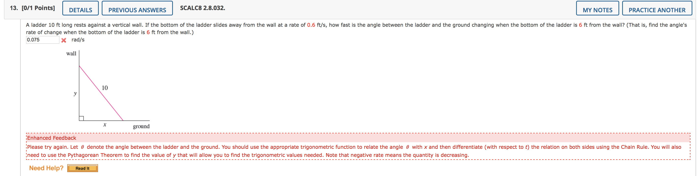 Solved rate of change when the bottom of the ladder is 6ft | Chegg.com