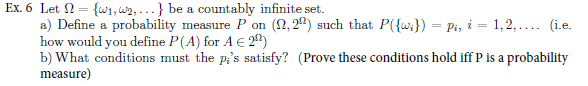 Solved Ex. 6 Let Ω={ω1,ω2,…} be a countably infinite set. a) | Chegg.com