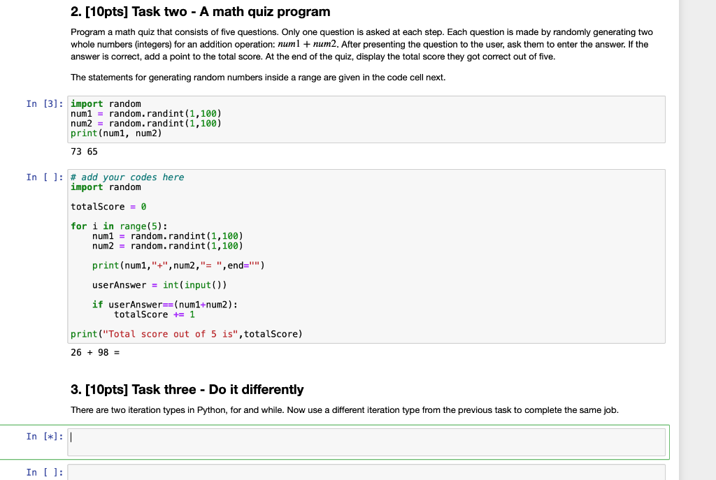 Solved 2. [10pts) Task two- A math quiz program Program a | Chegg.com