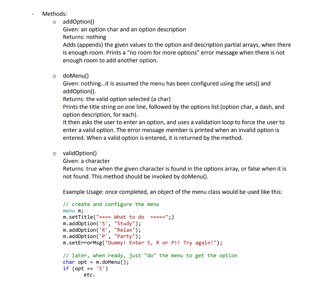 Menu class: Most all menus in any of our projects all | Chegg.com