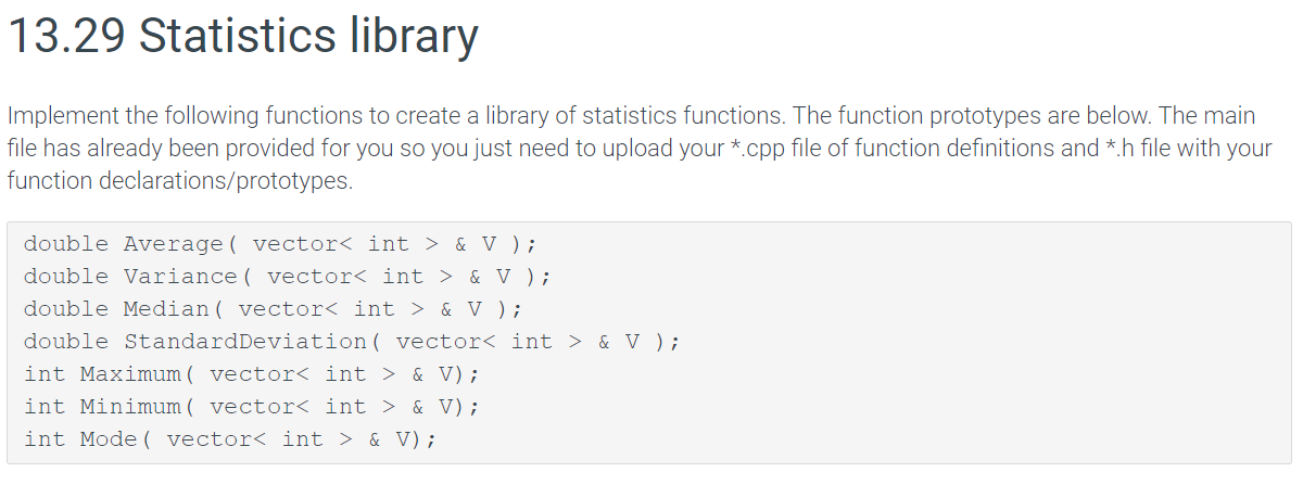 Solved 13.29 Statistics library Implement the following | Chegg.com