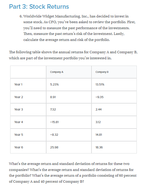 Solved Part 3: Stock Returns 6. Worldwide Widget | Chegg.com