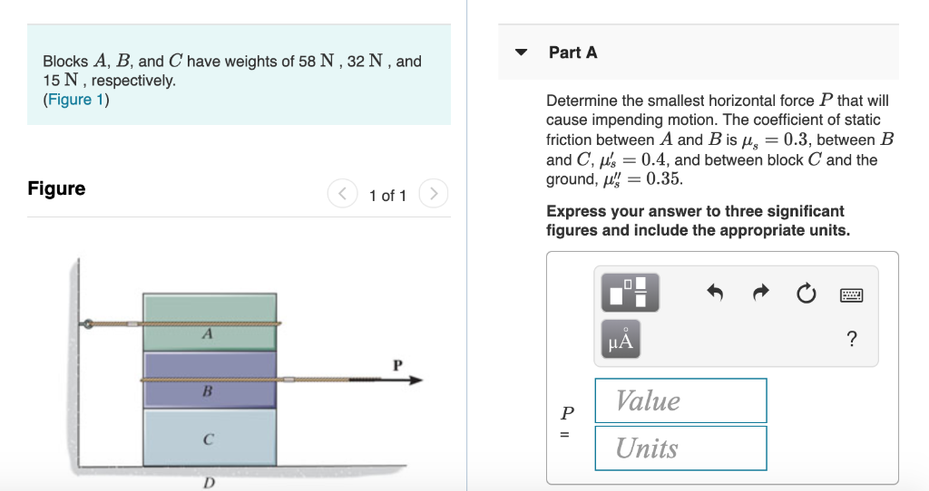 Solved Part A Blocks A, B, and C have weights of 58 N,32 N, | Chegg.com