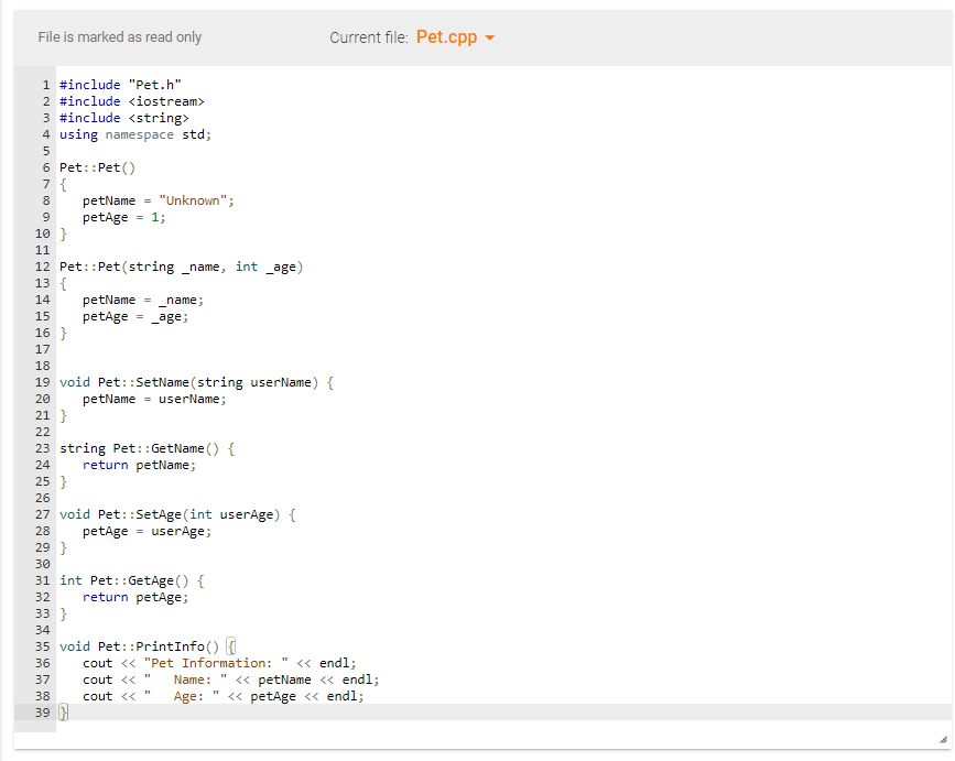 Solved The base class Pet has private data members petName, | Chegg.com